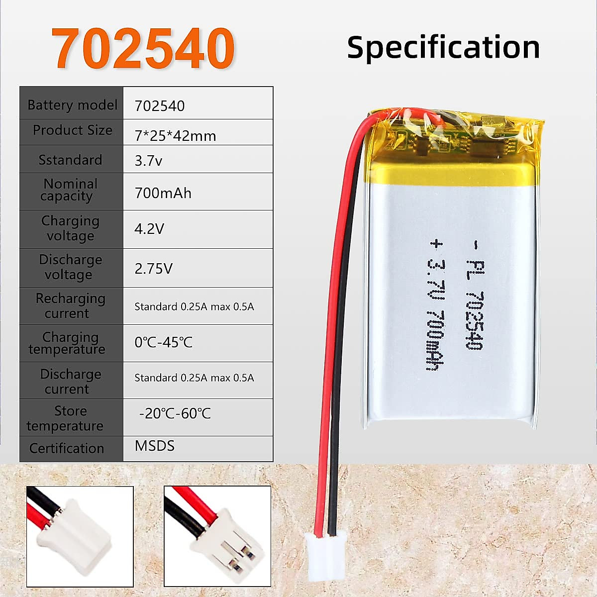AKZYTUE 3.7V 700mAh 702540 Lipo Battery Rechargeable Lithium Polymer ion Battery Pack with PH2.0mm JST Connector