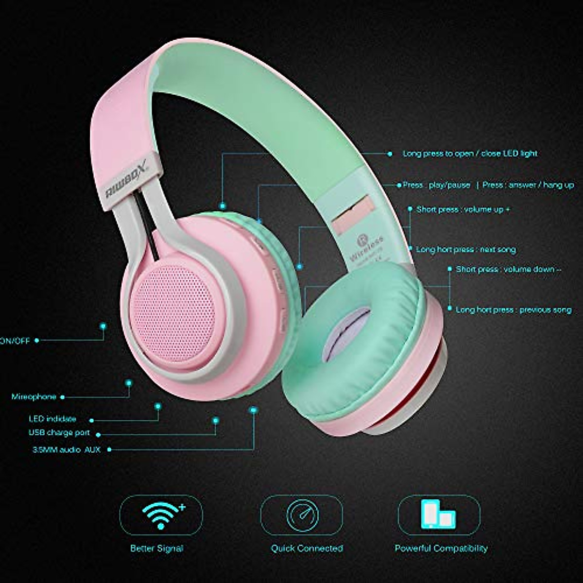 2 Packs Riwbox WT-7S Kids Headphones Wireless, Foldable Stereo Bluetooth Headset with Mic Compatible with PC/Laptop/Tablet/iPad Pink&White