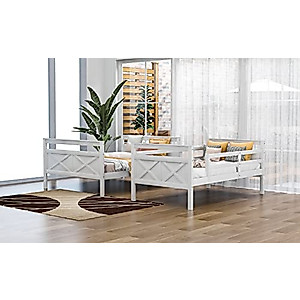 Majnesvon Twin Over Full Bunk Bed Frame with Ladder, Solid Wood Bunk Beds Loft Bed Frame Twin Over Full Size with Guardrail, Can Be Separated Into Twin/Full Size Bed, No Box Spring Needed (White)