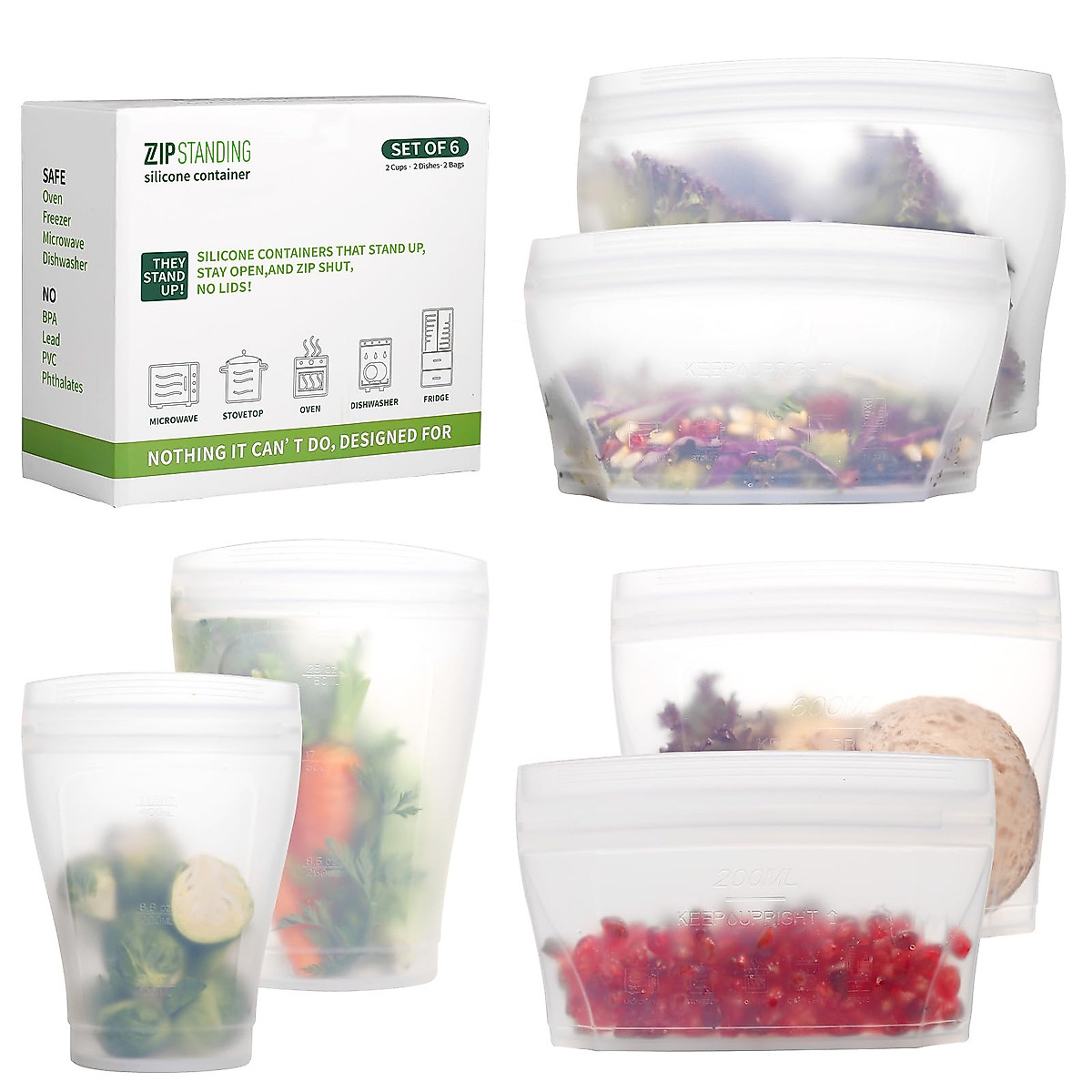 ZIP STANDING Reusable food container, silicone bag, 6 Pcs Zip Containers Can be used for fruit and vegetable snacks, etc. Microwave Dishwasher and Freezer Usable (white)…