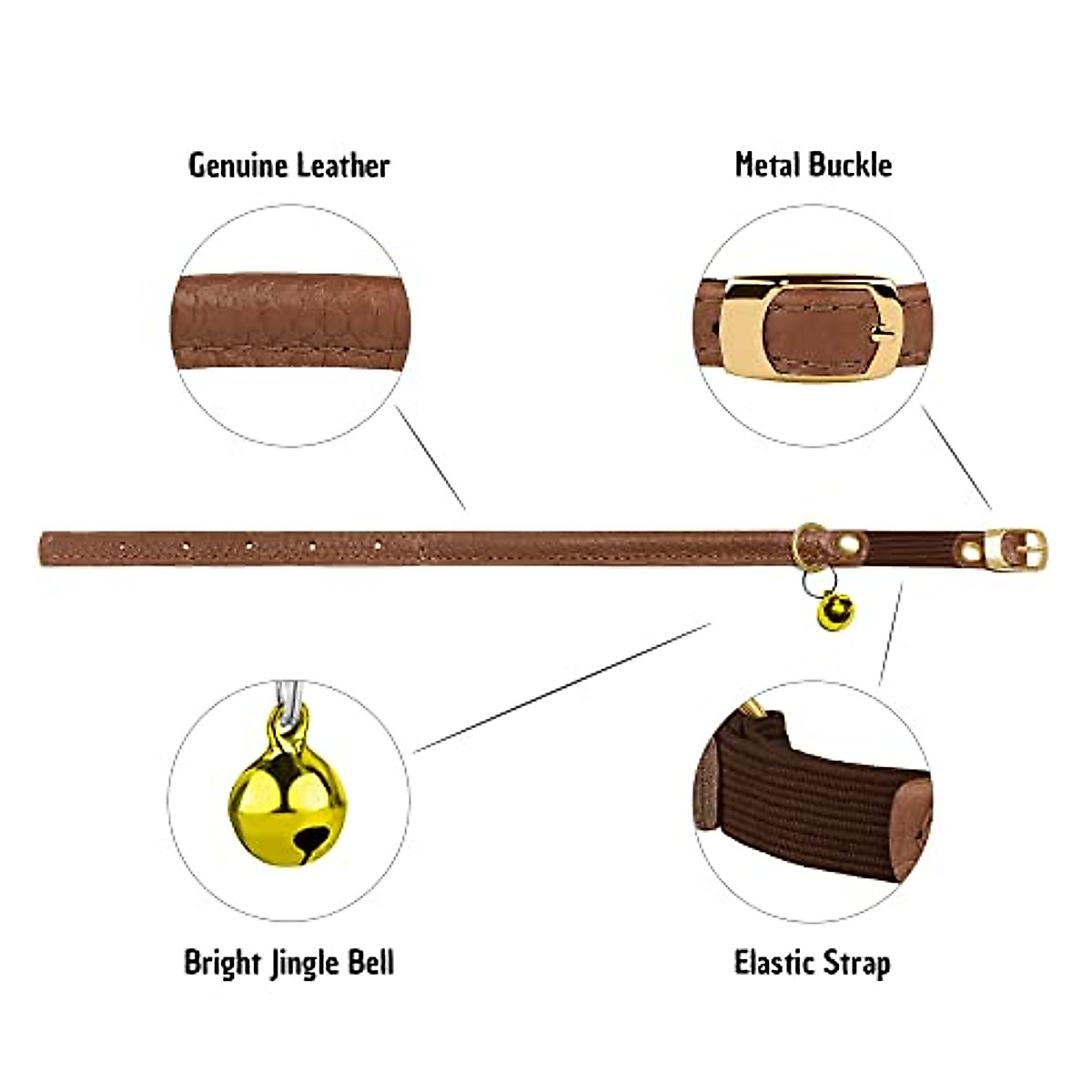 Murom Rolled Leather Cat Collar with Elastic Strap Safety Adjustable Pet Collars for Cats Kitten Yellow Red Pink Blue Orange Brown Gray (Brown)