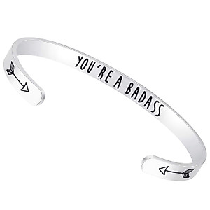 Fesciory Inspirational Bracelets for Women,Stainless Steel Engraved Personalized Positive Mantra Quote Keep Going Cuff Bangle College Graduation Encouragement Gifts for Her (YOU'RE A BADASS)