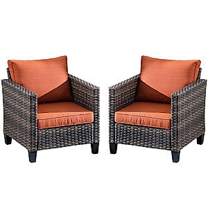 ovios 2 Pieces Patio Chairs, 2 Seater Outdoor Rattan Wicker Chairs with Comfortable Cushions, All Weather High Back Patio Single Chairs for Porch, Deck, Orange Red