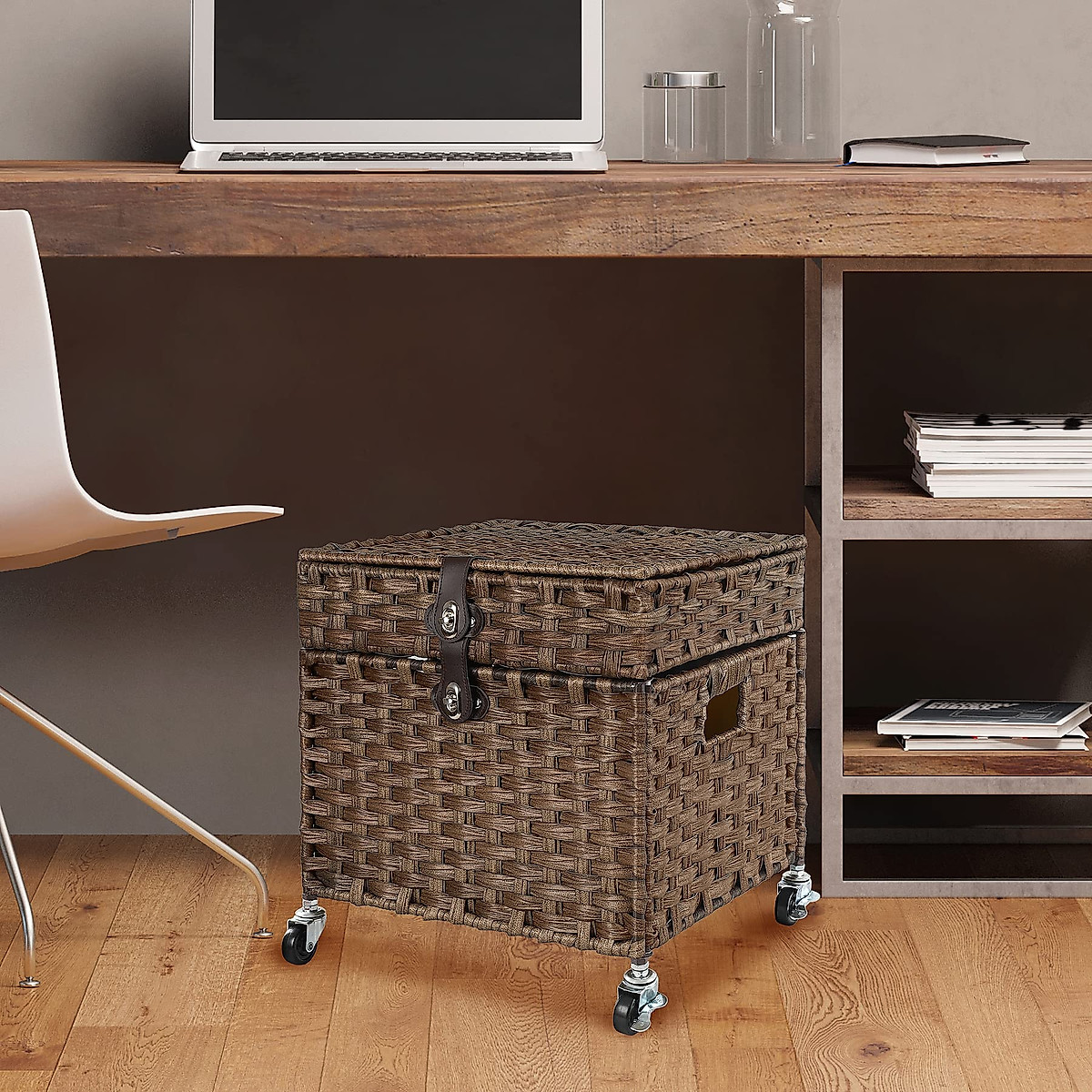 ETRONIK Rolling File Cabinet, Updated 2 Layer File Cabinets for Home Office, Hand Woven File Box with Wheels, File Organizer for Hanging Letter Size Folder, Home Decorative Document Basket, Brown