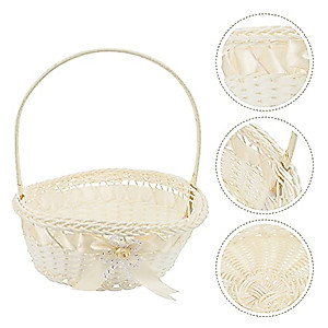 BESPORTBLE Wicker Storage Basket White Basket Handle Wedding Flower Girl Baskets Wedding Flower Candy Storage Basket Rustic Wedding Gift Basket Wicker Picnic Baskets
