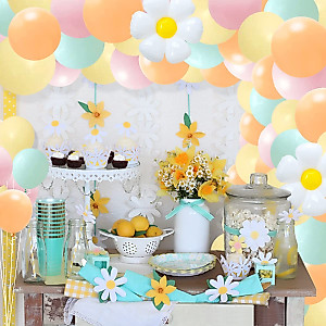 Pink，Yellow, Green, Orange Balloons Garland 12inch 10inch 5inch Pastel Balloons with Daisy Foil Balloons for Sunflower Daisy Birthday Wedding Bridal Shower Baby Shower Bachelorette Party