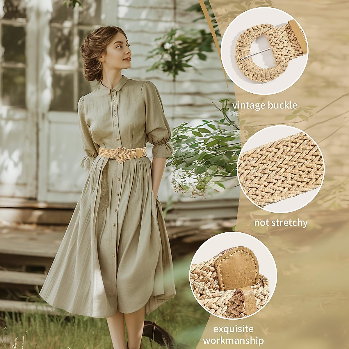 SeptCity Woven Belts for Women, Boho Women's Belts for Dresses and Jeans, Rattan Belts Gift for Birthday Christmas Mother's Day (Cream with D Ring)