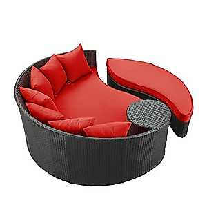 Modway Taiji Outdoor Wicker Patio Daybed with Ottoman in Espresso with Red Cushions