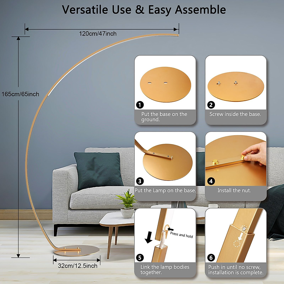 NUÜR Arc Floor Lamp, 67" Tall Black Gold LED Modern Standing Floor Lamp with Remote Control, Arched Bright Floor Lamps for Living Room Bedroom Office Home (Golden)