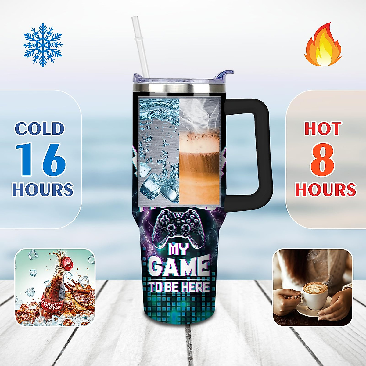 thmasamwr Game Tumbler with Lid and Straw, 40oz Gamer Water Bottle Cup with Handle, Gaming Travel Coffee Mugs, Birthday Gifts for Gamer Men Boys