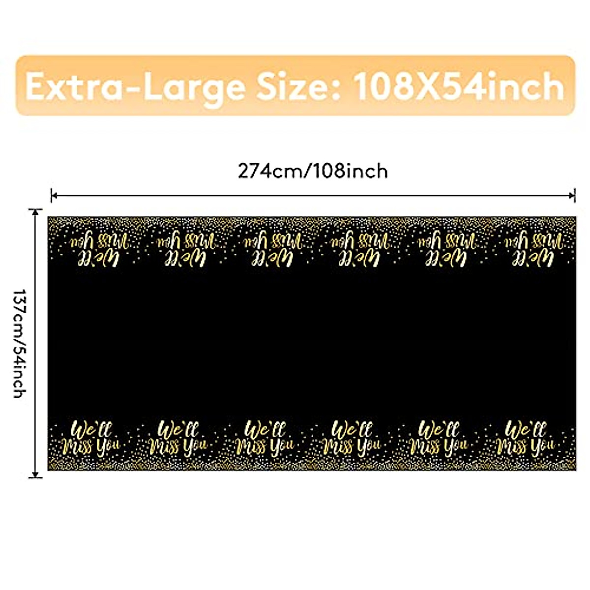 GuoZhiXin 3 Pack We Will Miss You Black and Gold Plastic Tablecloths, Disposable Party Table Cloths, Dot Confetti Covers for Retirement Awaits Bye Office Work Graduation , 54inch x 108inch