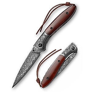 TRIVISA 3.15" Handmade Damascus Folding Pocket Knife，EDC Knives Gift for Men，Brown Bone Handle，Ceramic Bearings，Thumb Stud, Steel Bolster, Liner Lock.Piscis Austrinus-02B