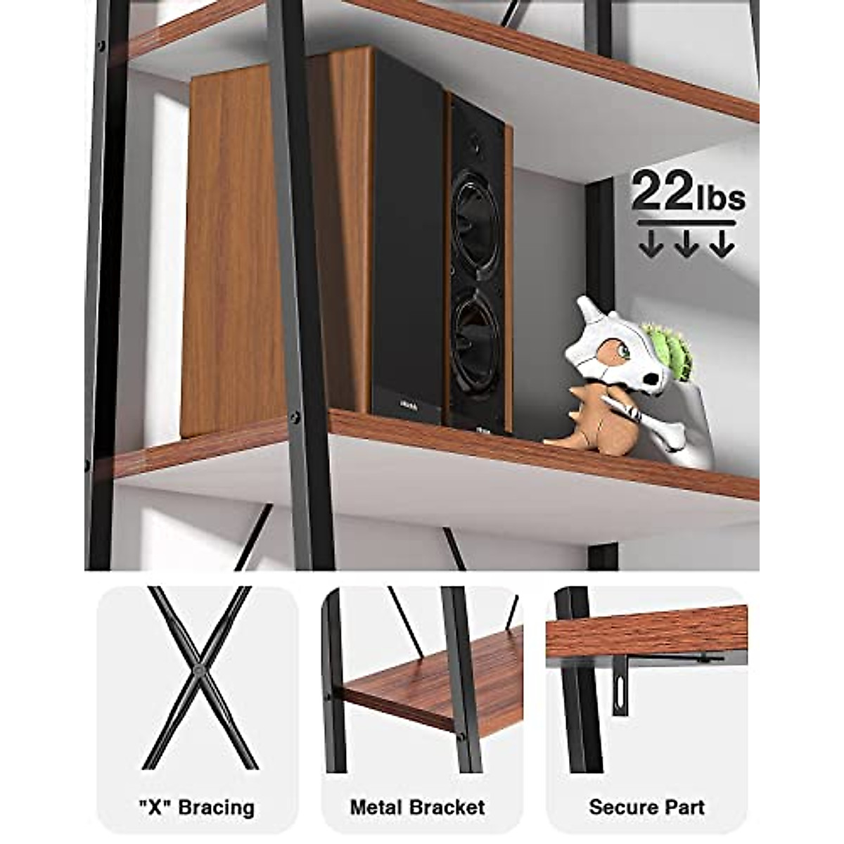 FURNINXS Ladder Shelf Bookcase, Bookshelf 4 Tier, Industrial Standing Shelf Storage Rack Storage Organizer Plant Stand, Steel Frame Book Shelf for Living Room/Bedroom/Kitchen/Bathroom - Red Brown