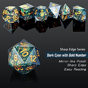 Dungeons and Dragons Dice Set,DNDND Handmade Sharp Edge 7 Die with Gift Dice Case for DND Dungeons and Dragon Game (Dark Cyan with Gold Number)