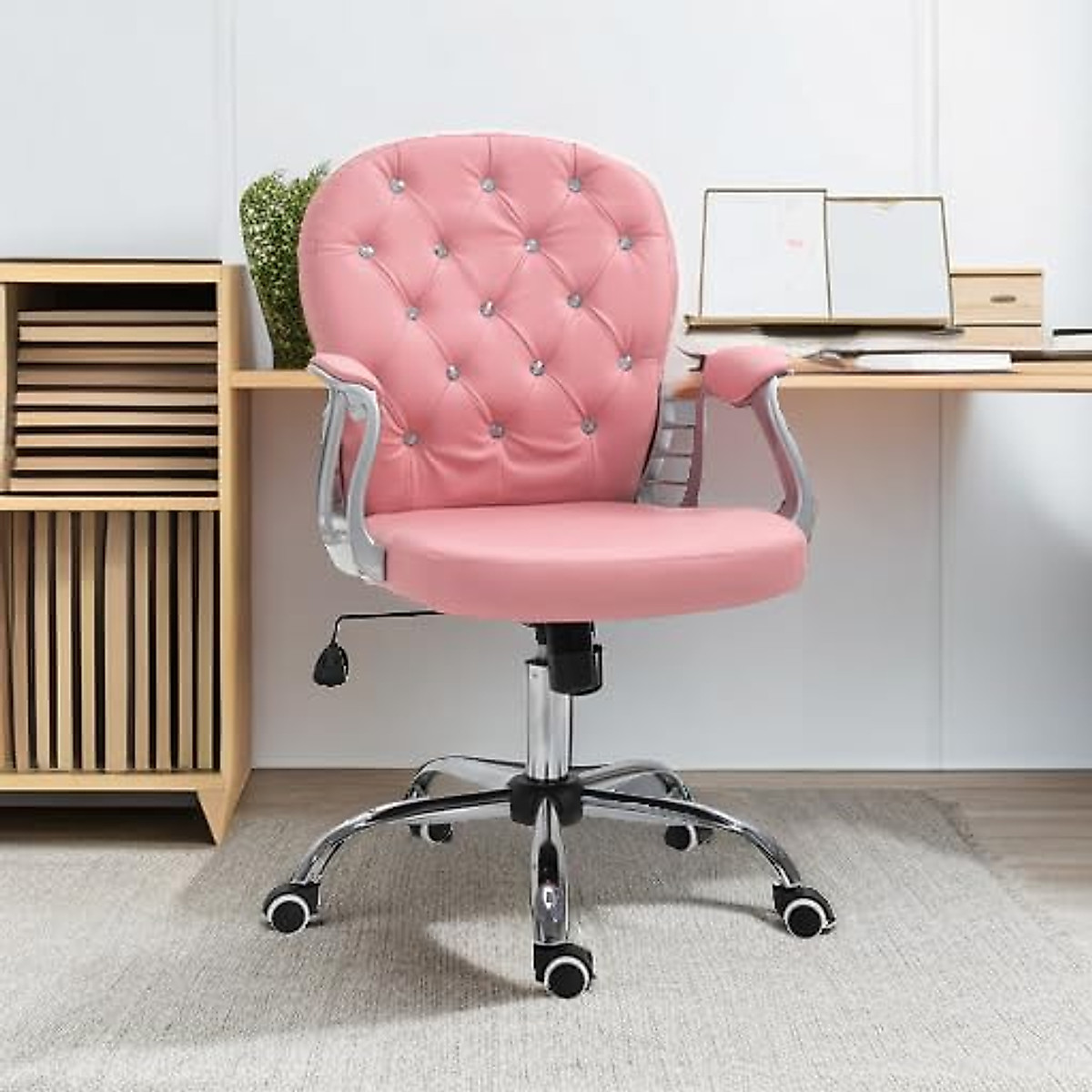 Vinsetto PU Leather Home Office Chair, Button Tufted Desk Chair with Padded Armrests, Adjustable Height and Swivel Wheels, Pink