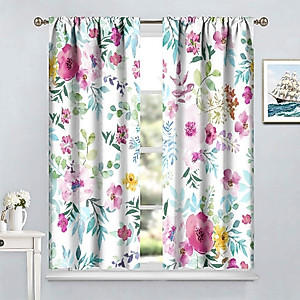 Floral Plant Blackout Curtains,Pink Watercolor Floral Girls Kids Home Window Treatments for Home Living Room Bedroom Drapes 52x84in