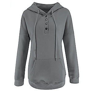 Aniywn Women's Casual Pullover Hoodies Button Down Thin Clothes Long Sleeve Solid Color Sweatshirts Teen Girls Fall Tops Grey