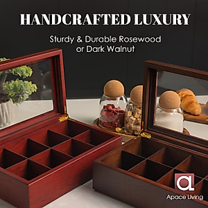 Tea Box - Luxury Wooden Tea Bag Organizer from The Apace Premier Collection - 6 Compartment Tea Storage Chest Container - Elegantly Handmade w/Scratch Resistant Window