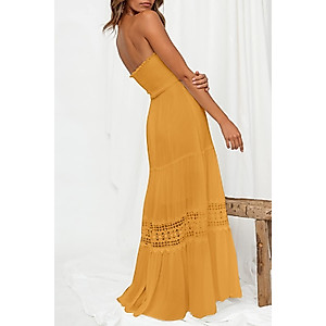 ZESICA Women's 2025 Summer Bohemian Strapless Off Shoulder Lace Trim Backless Flowy A Line Beach Long Maxi Dress,Yellow,Large