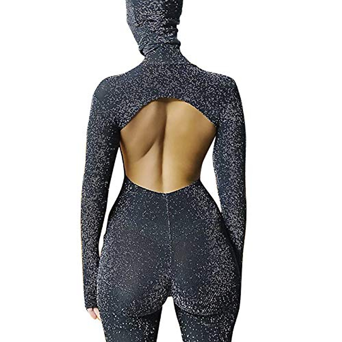 GUXMO Womens Sexy See Through Clubwear Jumpsuit Sparkly Backless Bodycon Long Sleeve Jumpsuits Party Night Outfits