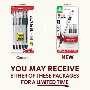 Pentel R.S.V.P. Ballpoint Pen, Fine Line, (0.7mm), Assorted Ink, Clear Barrel, 5 Pack (BK90BP5M)