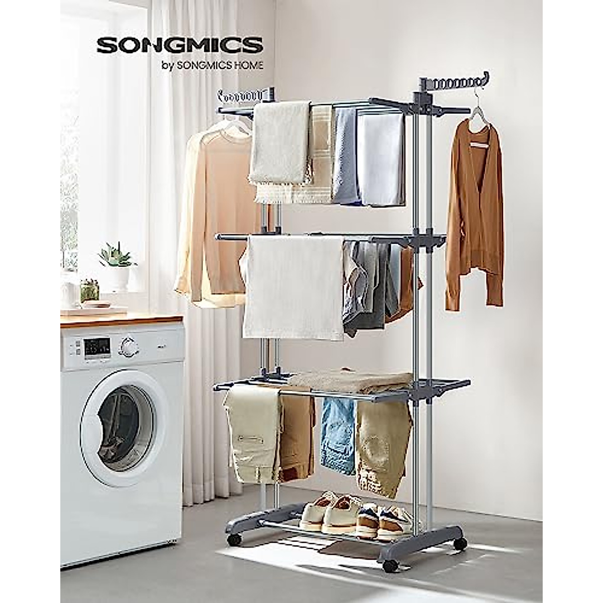 SONGMICS Clothes Drying Rack Stand 4-Tier, Foldable Laundry Drying Rack 67.7-Inch Tall, Stainless Steel, Rolling Clothes Horses Dryer Rack, Easy to Assemble, Indoor Outdoor Use, Gray ULLR701G01