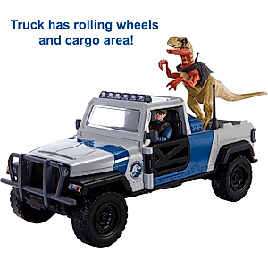 Mattel Jurassic World Search 'n Smash Truck Set with Atrociraptor Dinosaur & Human Action Figure, Vehicle with Destruct Features