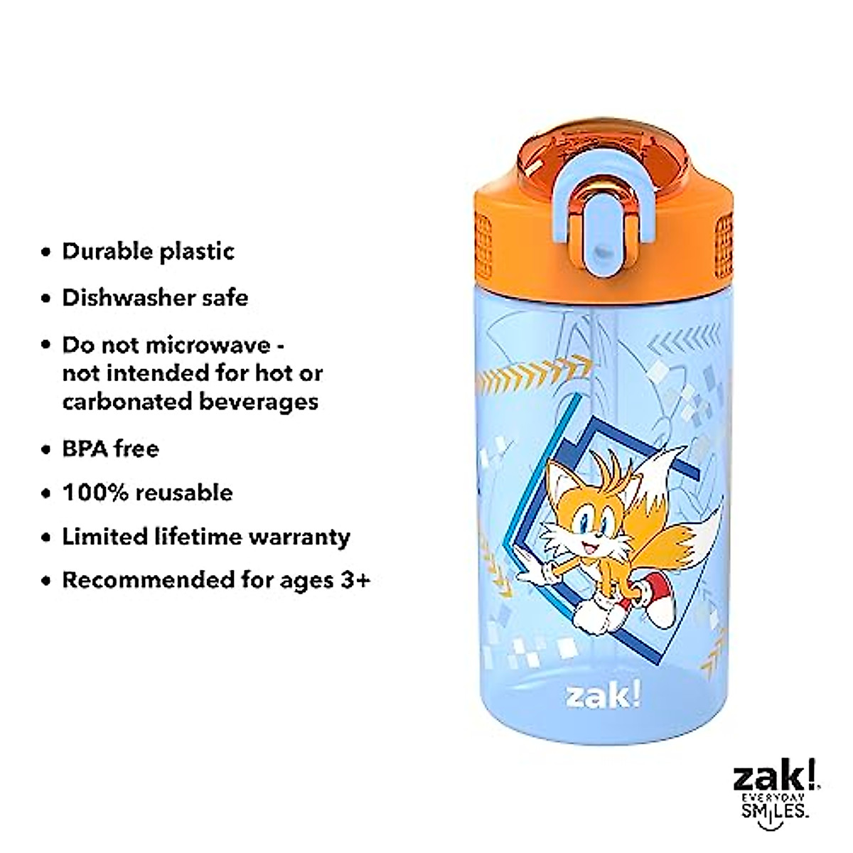 Zak Designs Sonic the Hedgehog Kids Water Bottle For School or Travel, 16oz 2-Pack Durable Plastic Water Bottle With Straw, Handle, and Leak-Proof, Pop-Up Spout Cover (Sonic, Tails)