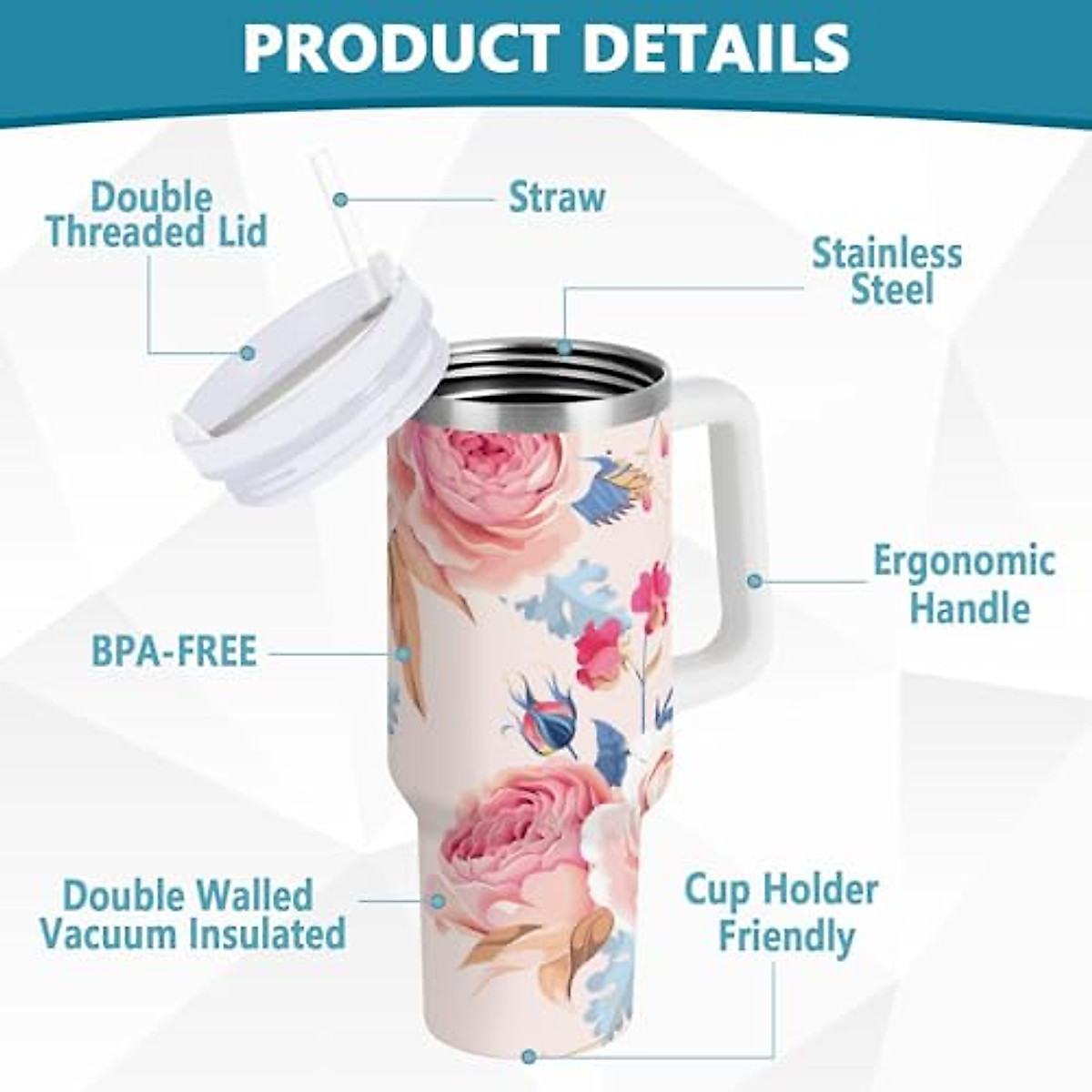 Floral Rose Pink 30 oz Tumbler with Handle and Straw Lid, 100% Leak-proof Travel Coffee Mug, Stainless Steel Insulated Cup For Beverages, Cupholder Friendly