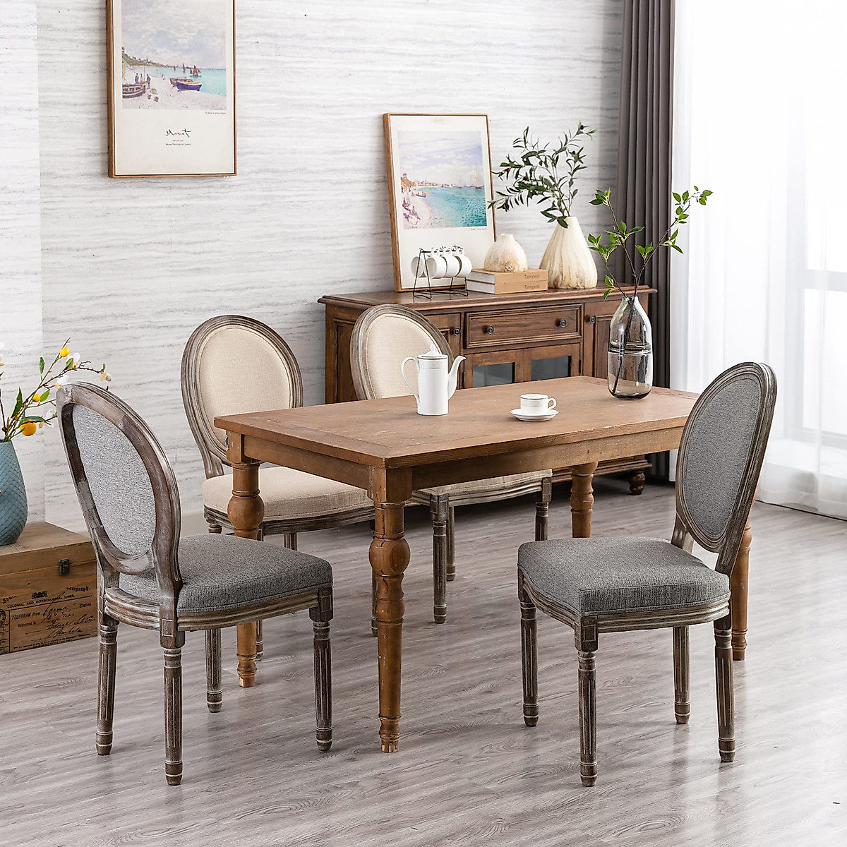 chairus Farmhouse Dining Chairs Set of 6, French Country Dining Room Chairs Vintage Fabric Upholstered Chair with Round Back Dark Wood Legs, Beige 6 PCS