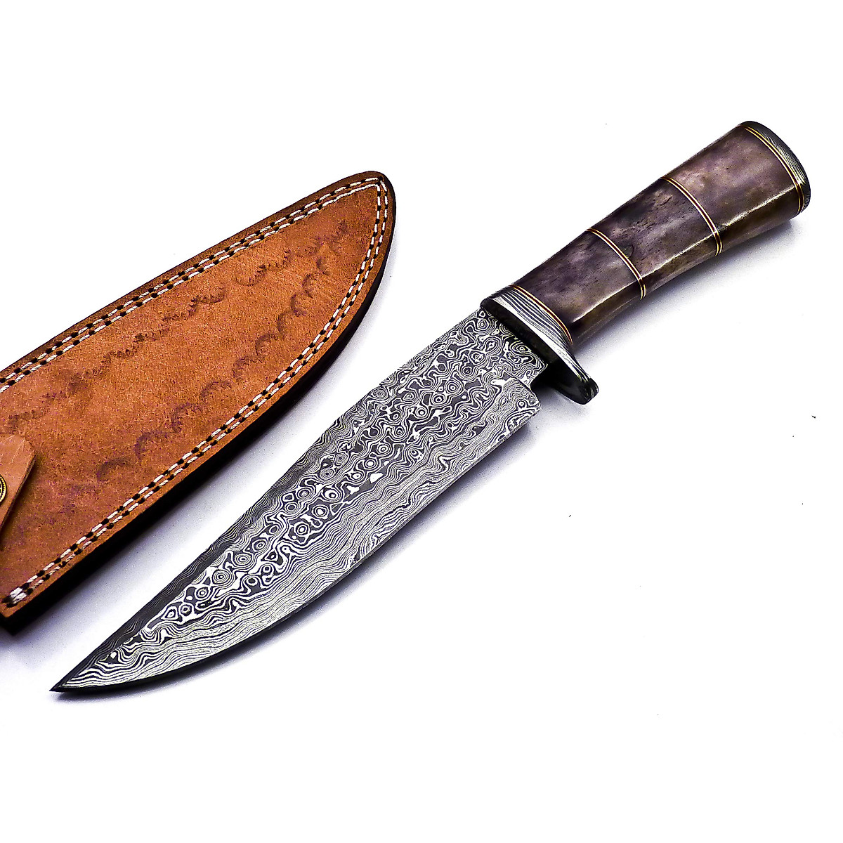 Nooraki BK-30 Handmade Damascus Steel Fixed Blade Bowie Knife with Leather Sheath, Multipurpose Knife with Camel Bone Brass Spicer Handle for Everyday Carry, Camping, Hunting, 12.5" Length