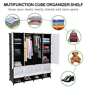 VINGLI Portable Closet Shelves, 16 Cube Clothes Organizer, Plastic Playroom Storage, Storage Closet, DIY Cube Storage Organizer with Doors and Hanging Rods