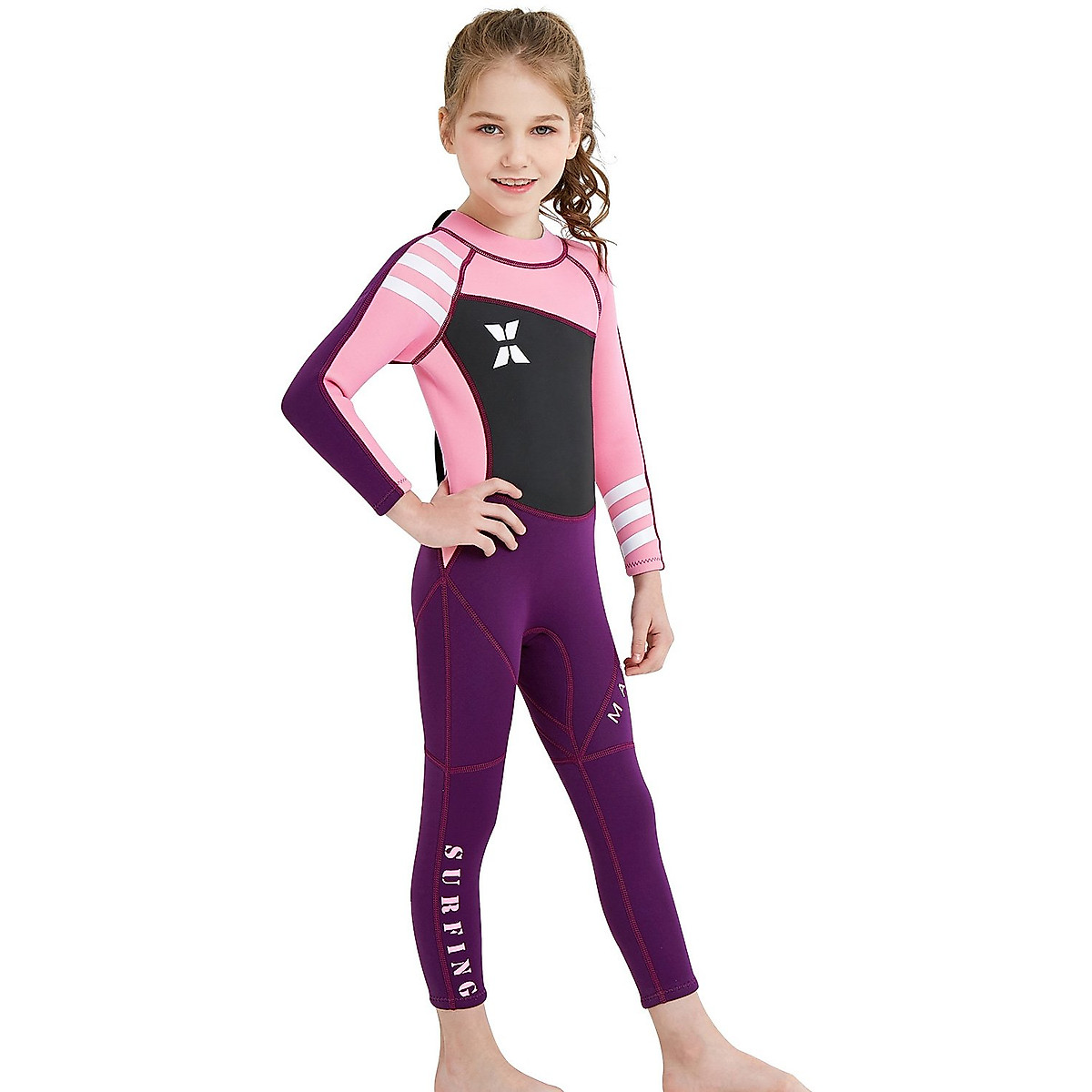 Kids Girls 2.5mm Wetsuit Long Sleeve One Piece Dive Skin UV Protection Thermal Swimsuit for Diving Snorkeling Swimming 10-11 Years Pink