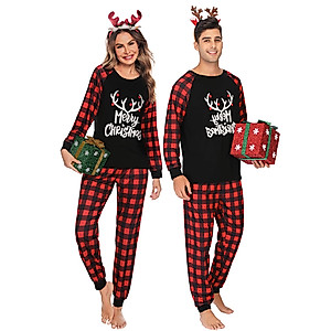 SWOMOG Christmas Matching Couple Pajamas Sets Family Xmas Jammies Casual Long-Sleeve Sleepwear Sets Festival PJ Set Women and Men Merry Chrismas Large