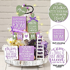 15 Pcs Mother's Day Tiered Tray Decor Happy Mother's Day Lavender Wood Signs Farmhouse Decorations Wooden Heart Bead Garland with LED String Lights for Mothers Gift Tabletop, Purple, Green