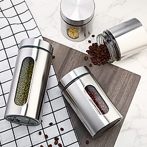 Zopeal 8 Pcs Kitchen Canister Set Stainless Steel Nested Canister Storage Set with Glass Window Airtight Lid Coffee Sugar Tea Storage Jars for Flour Pasta Cookies Spices Grains (Silver)