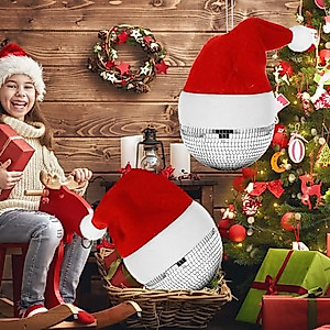 Liliful 2 Pcs Christmas Large Disco Ball Ornament With Santa Hat Silver Hanging Reflective Disco Ball for Party (12'', 8'')