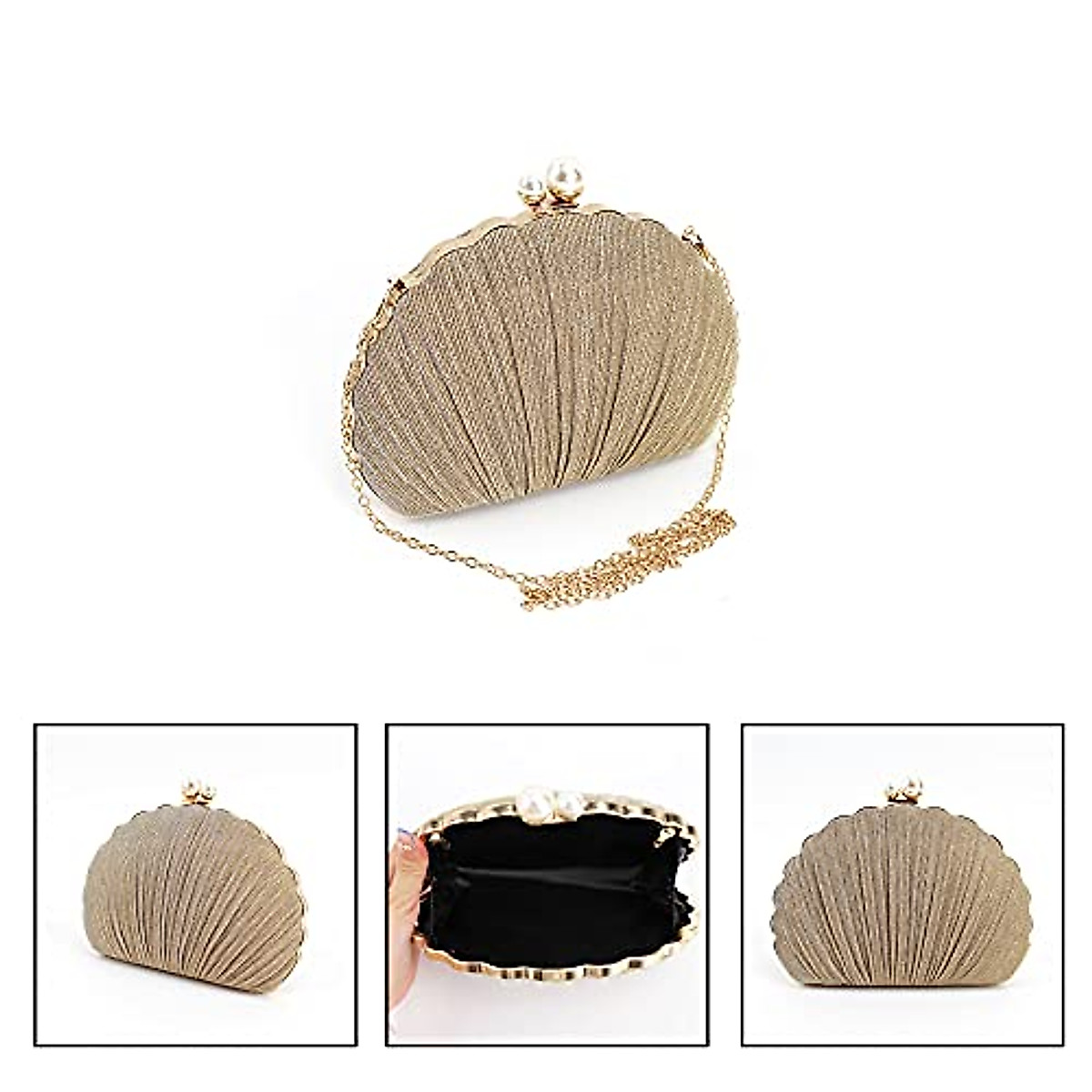 Felice Ann Women Mini Seashell Evening Bag Clutch Handbag Chain Strap Cross-body Shoulder Bag,Pleated Golden