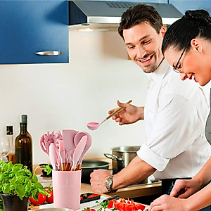 Caliamary Silicone Kitchen Utensil Set, 11 Pieces Cooking Utensil with Wooden Handles, Utensil Holder for Nonstick Cookware, Spoon, Soup Ladle, Slotted Turner, Whisk, Tongs, Brush, Pasta Server (Pink)