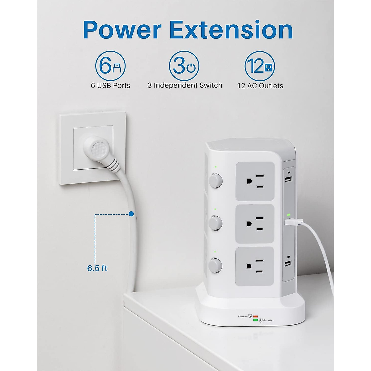 Surge Protector Power Strip Tower 16.4 FT + 6.5 FT, [1500 Joules] 12 Widely Spaced AC Outlets with 6 USB Ports Charging Station White