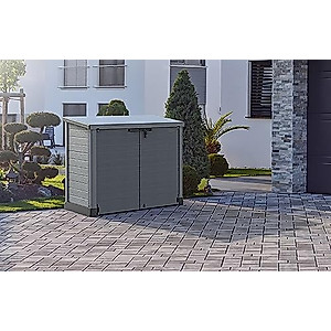 Duramax Cedargrain StoreAway 1200L Plastic Garden Storage Shed/Flat Lid - Outdoor Storage Bike Shed – Durable & Strong Construction– Ideal for Tools, Bikes, BBQs & 2X 240L Bins, 145x85x125 cm, Grey