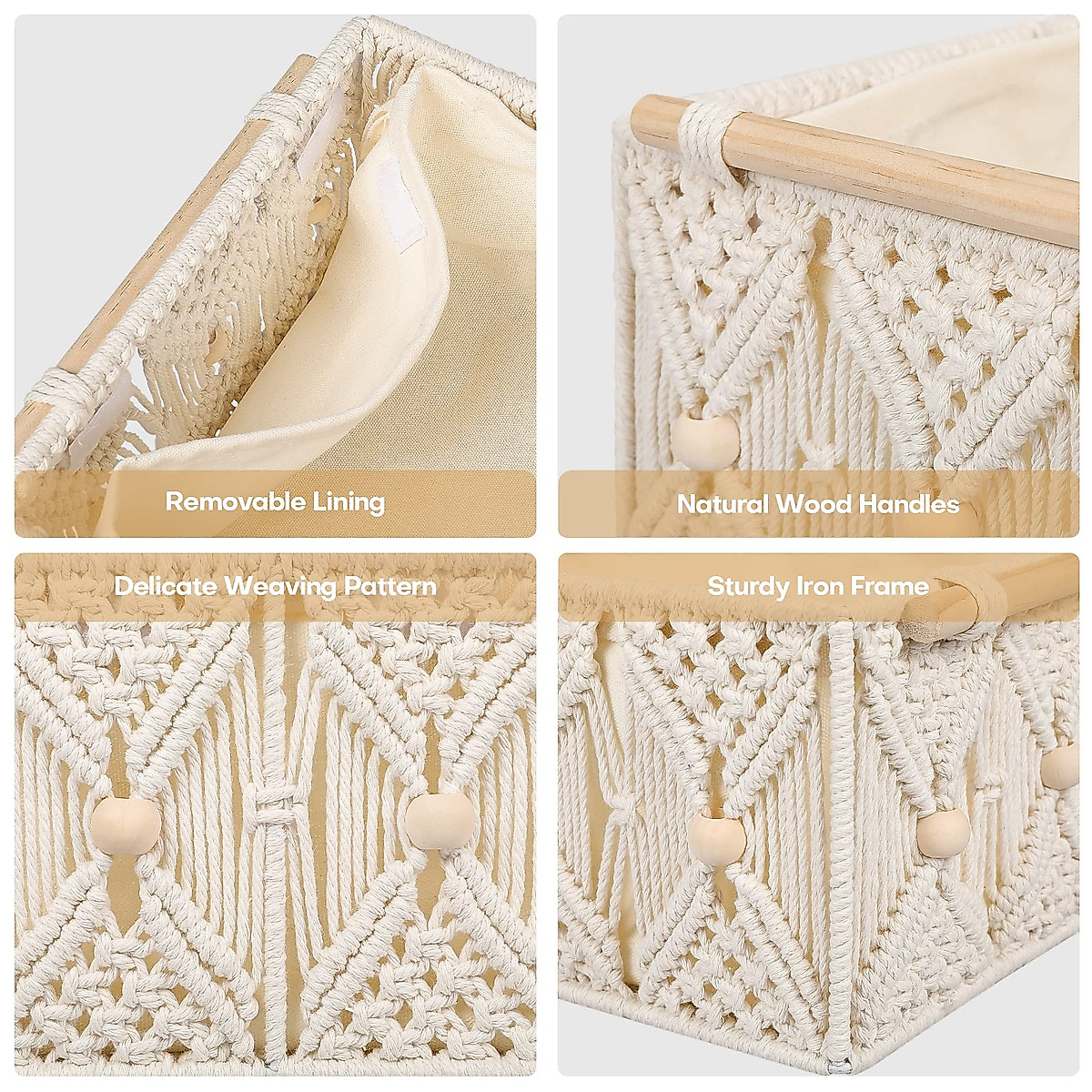 LaMorée Large Boho Macrame Storage Baskets 3 PCS Cotton Rope Hand Woven Bin Set with Natural Wooden Handles & Beads Decorative Wicker Boxes for Tabletop Book Shelf Bathroom Organizer Container
