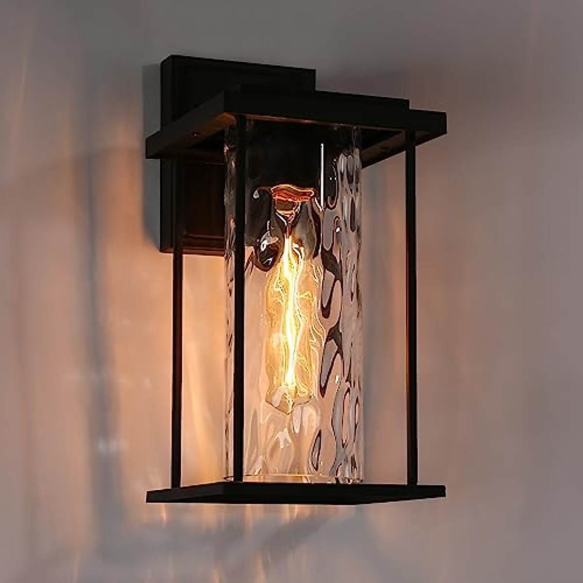 Black Outdoor Wall Lights, Farmhouse Exterior Wall Sconces Light Fixture with Cylindrical Water Ripple Glass Shade, Modern Waterproof Lanterns for Front Door, Entry, Porch, Patio, and Gazebo
