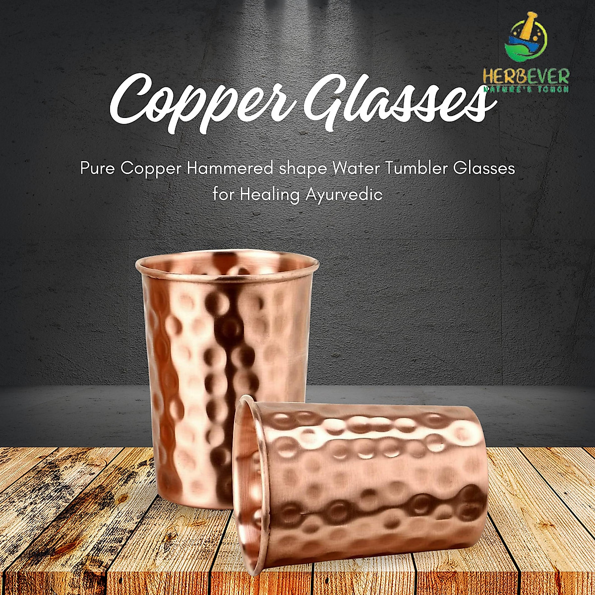 HERBEVER Pure Copper Hammered shape Water Tumbler Glasses for Healing Ayurvedic Set of 2