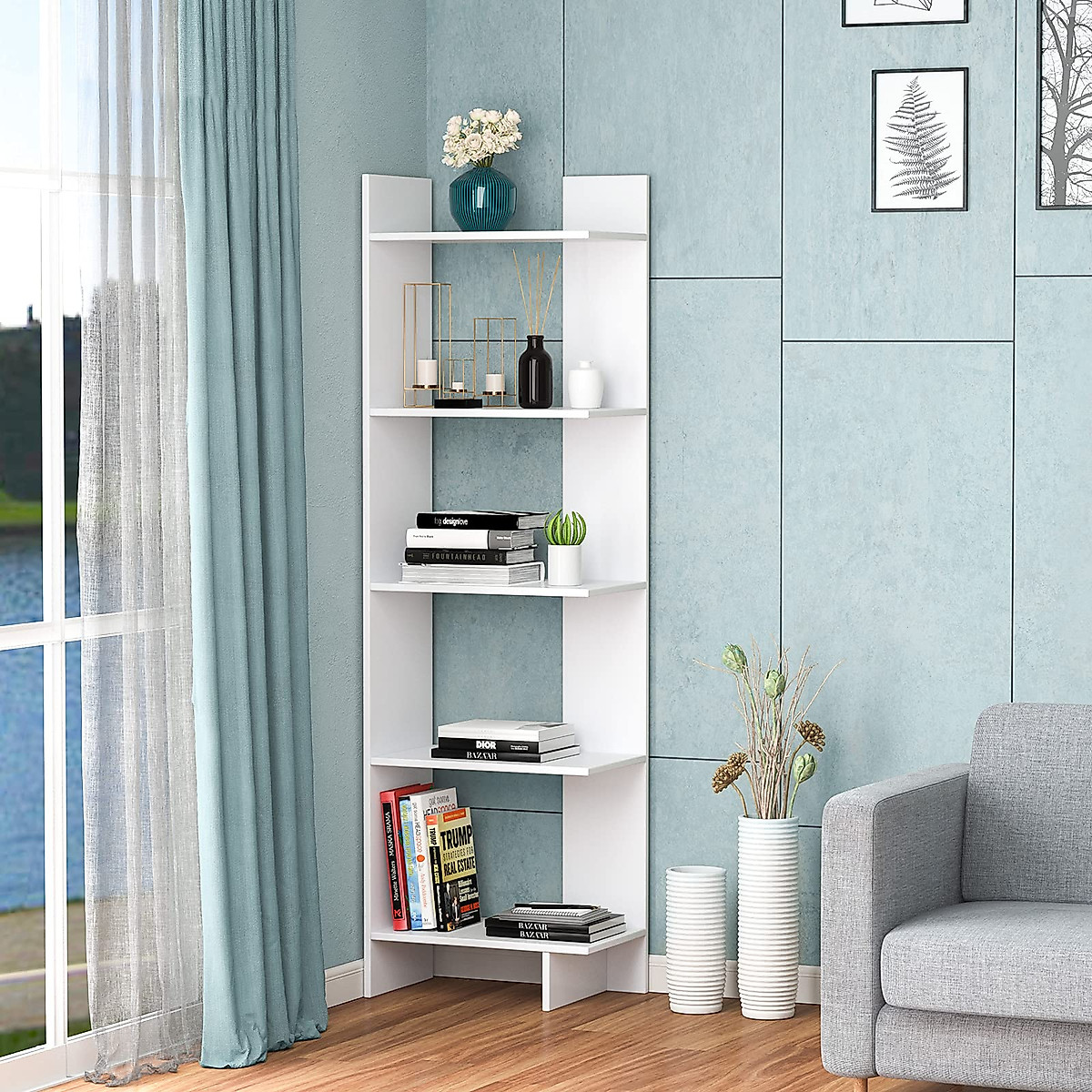 Tangkula 5-Shelf Bookcase, Room Divider and Display Shelf, Freestanding Decorative Storage Shelving, Wooden Bookshelf for Home Living Room Office Bedroom, Room Divider Bookshelf (White, 2)