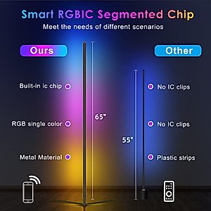 RGB Corner Floor Lamp, Corner Floor Lamp RGB Color Changing Corner Lamp LED Modern Floor Lights with Bluetooth APP and Remote Control Music Sync, 65" RGB Mood Lighting 24H Timing 398+ DIY Modes