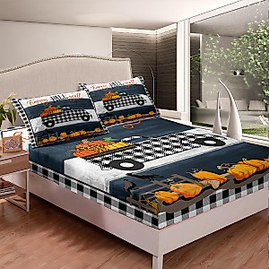 Fall Queen Size Fitted Sheet Pumpkin Bed Sheet Set for Kids Boys Girls Women Men Thanksgiving Decorations Black White Plaid Bedding Set Autumn Harvest Car Bedding Sheets Grey Blue Bedroom Decor 3Pcs