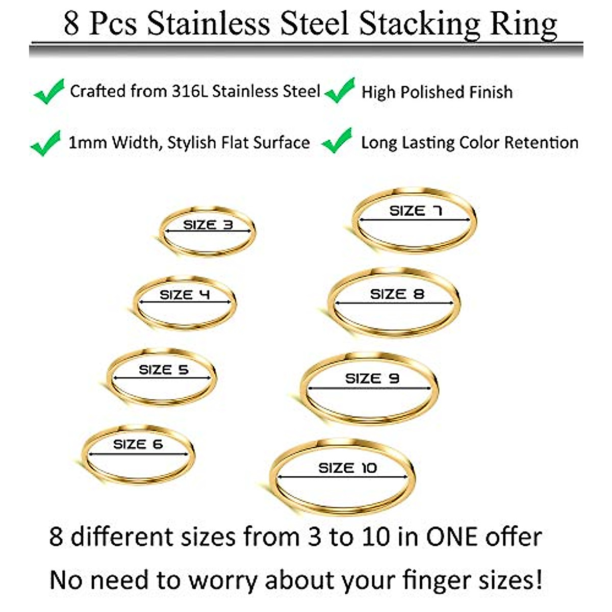 Rinspyre 8 Pieces Stainless Steel 1mm Women's Stacking Ring Set Plain Band Dainty Knuckle Midi Rings Comfort Fit Gold Tone