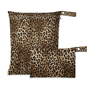 Leopard Print Animal Wet Dry Bags Leopard Waterproof Baby Cloth Diaper Bags with Two Zippered Pockets Beach Travel Bag for Swimsuit&Wet Cloth 2pcs
