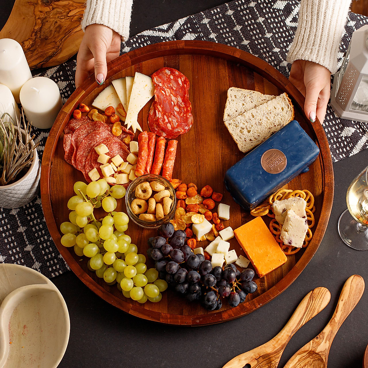 Galleon Gourmet 18 Inch Acacia Wooden Lazy Susan Turntable Tray: Smooth Rotating, Sturdy Handles, and Elegant Lipped Edge